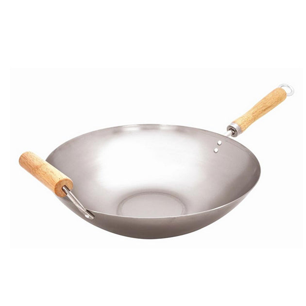 Wok Steel Wood Flat Base + Handle 350mm | Chefs' Warehouse